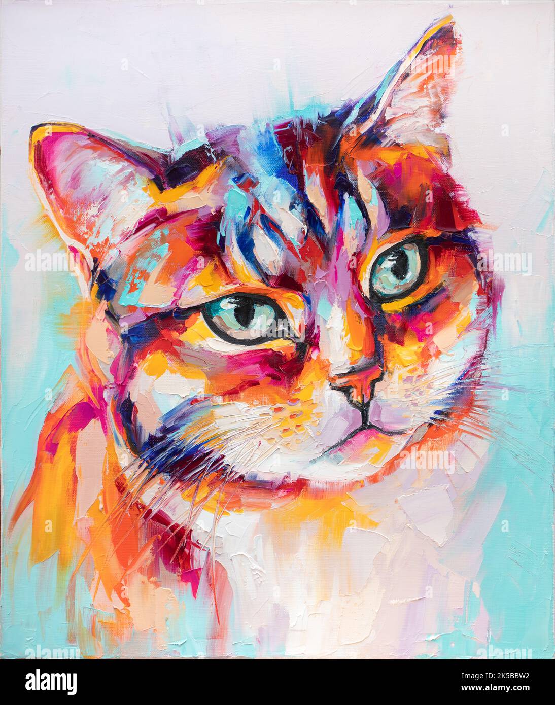 Oil cat portrait painting in multicolored tones. Conceptual abstract ...