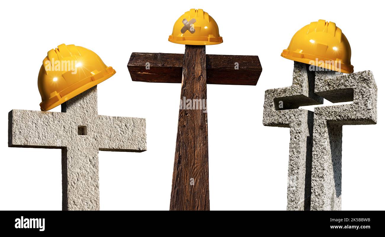 Orange hard hat or safety helmet on a stone or wooden cross, isolated ...