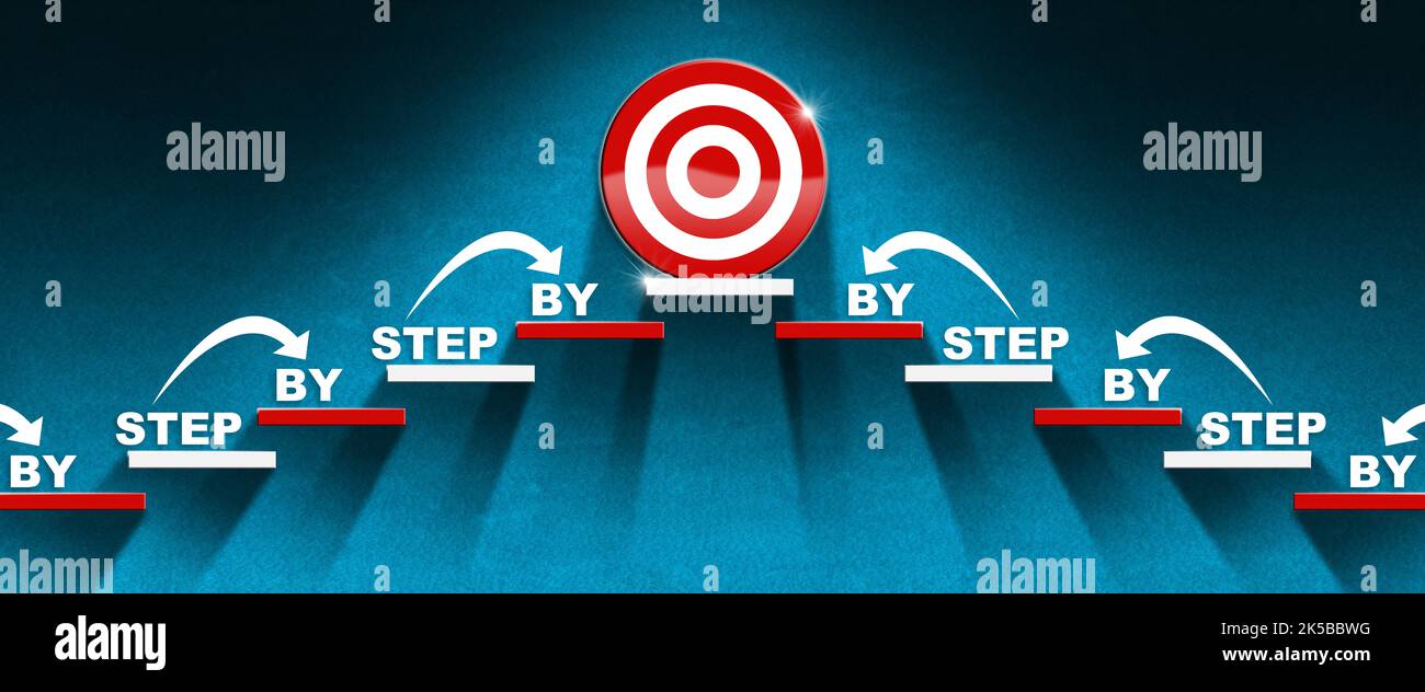 Two stairs with red and white steps on a blue wall with a target on the ...