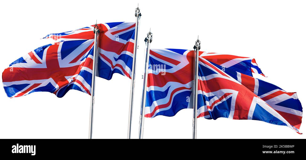 Union Jack Flags. Collection of four national UK flags with flagpole, blowing in the wind ...
