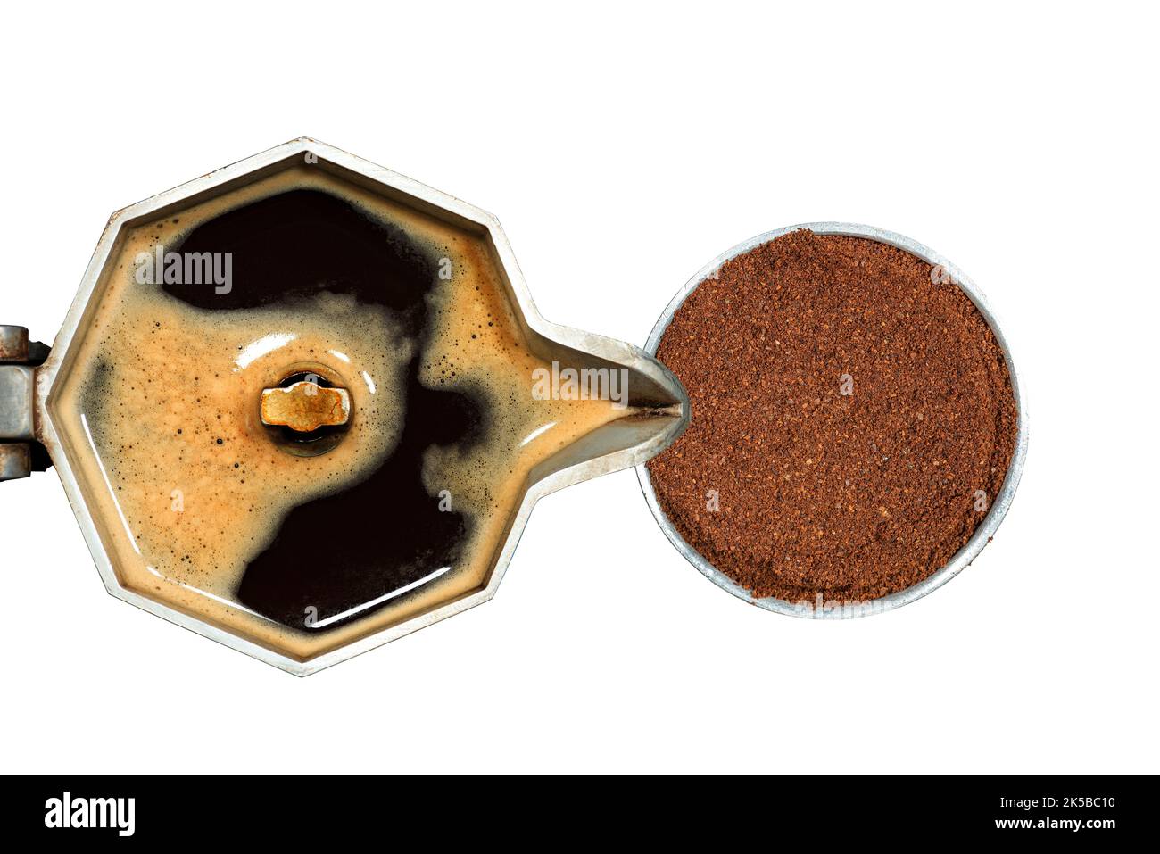 Close-up of an open Italian coffee maker with ground coffee in a metal ...