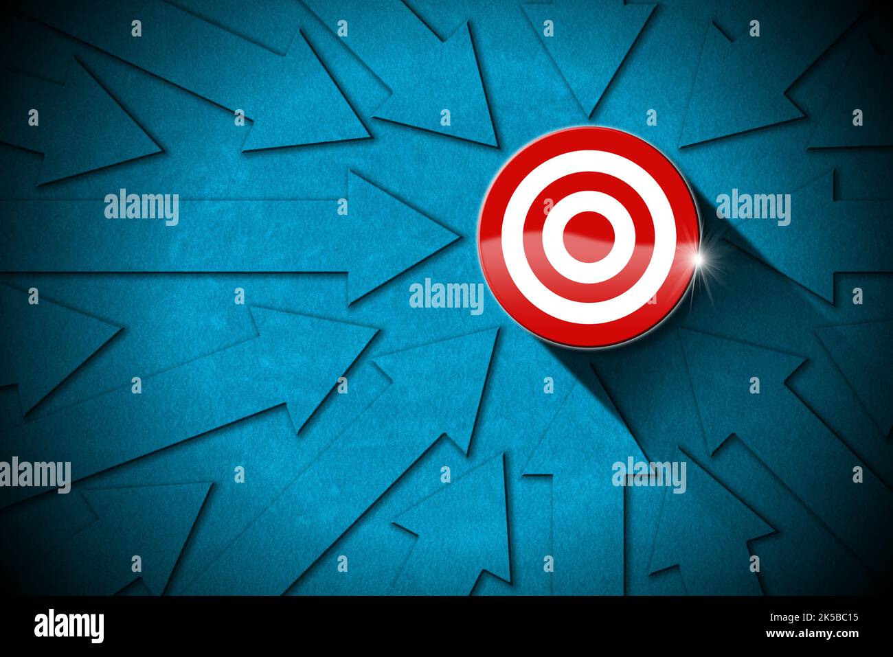 3D illustration of a large group of blue arrow going to red and white ...