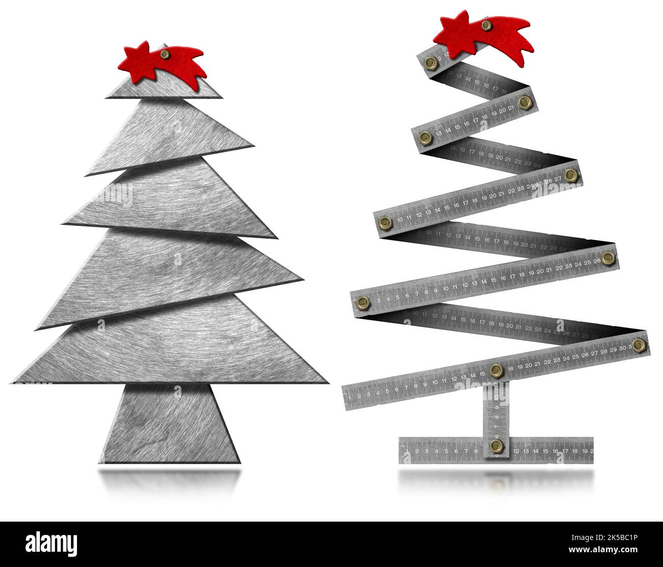 3D illustration of two small metal Christmas trees with red comet star ...