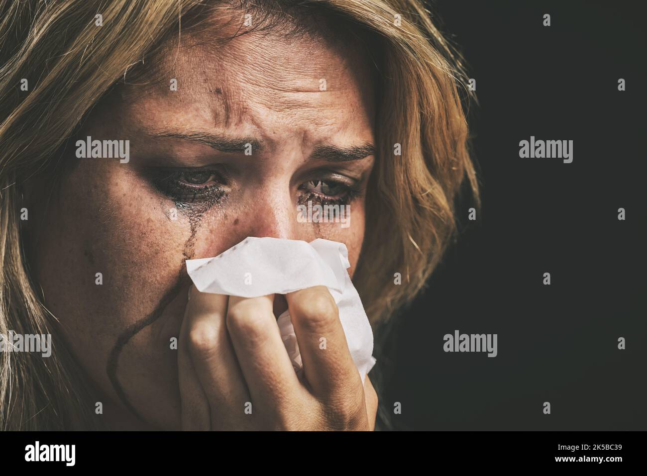 Crying, depression and woman thinking of mental health problem against ...