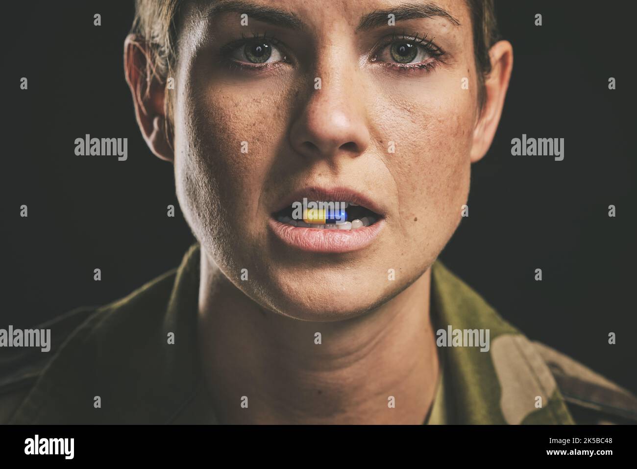 Medicine, medical drugs and military woman with tablet in mouth for ...