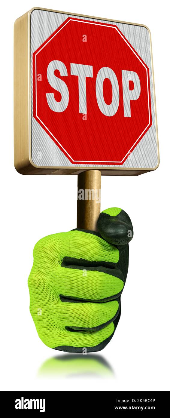Hand with protective work glove, holding a stop road sign. Isolated on ...