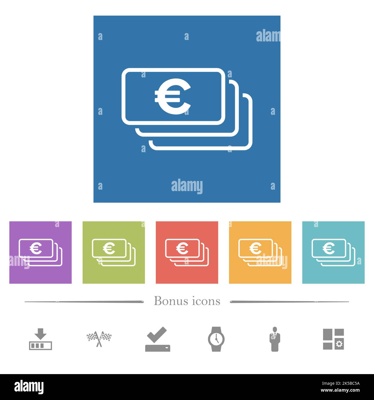 European Euro banknotes outline flat white icons in square backgrounds ...