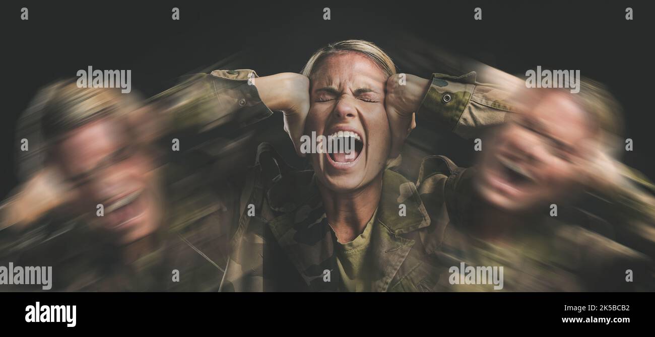 Anxiety, scream and bipolar woman, scared and shouting on dark studio ...