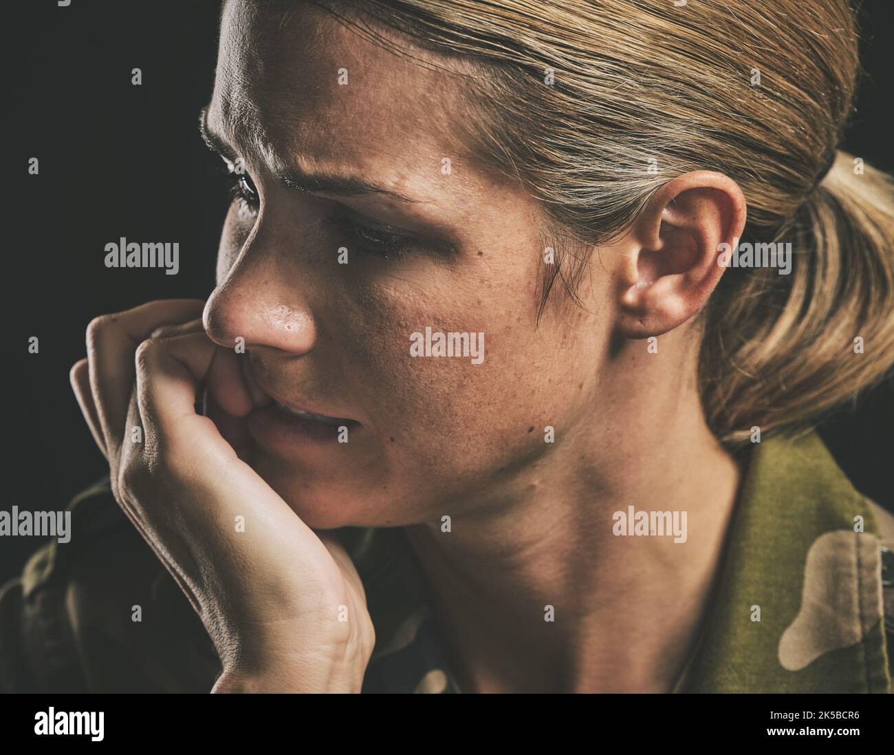 Military, stress and anxiety with woman soldier suffering with ptsd ...