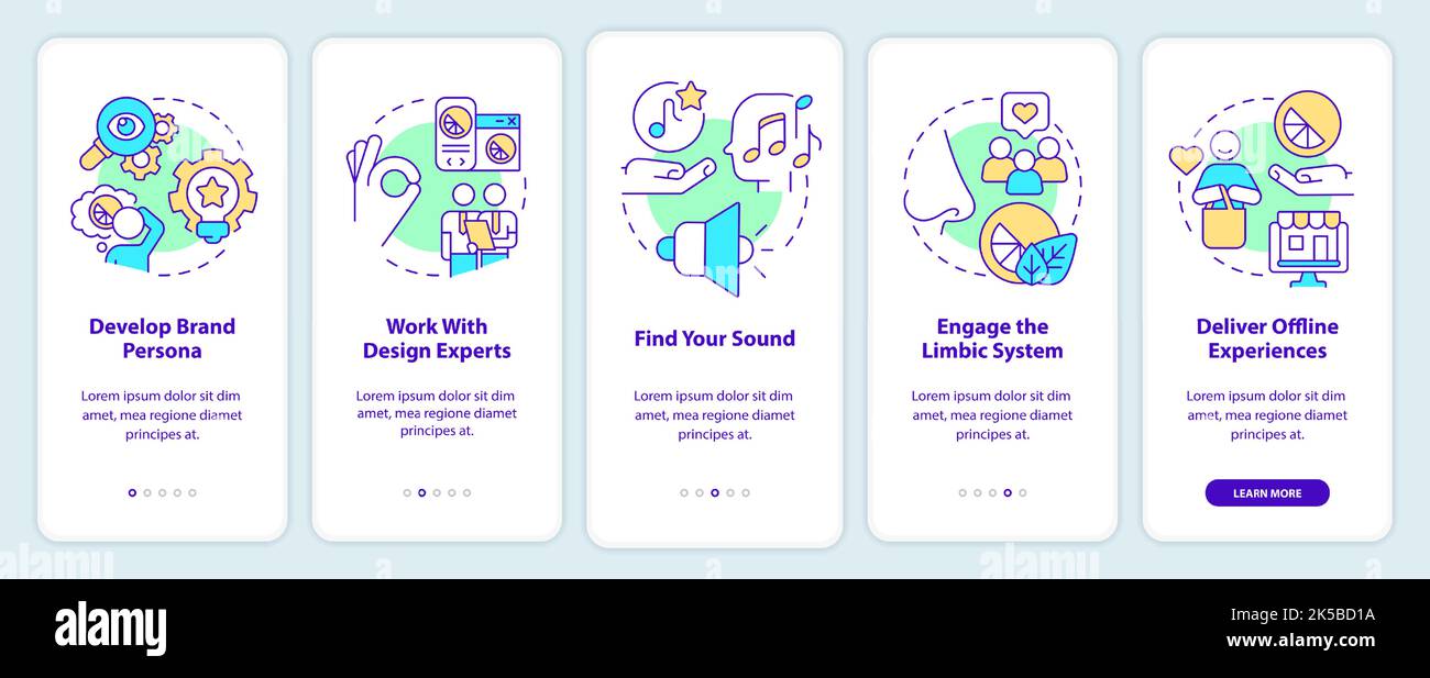 Sensory marketing strategies onboarding mobile app screen Stock Vector ...