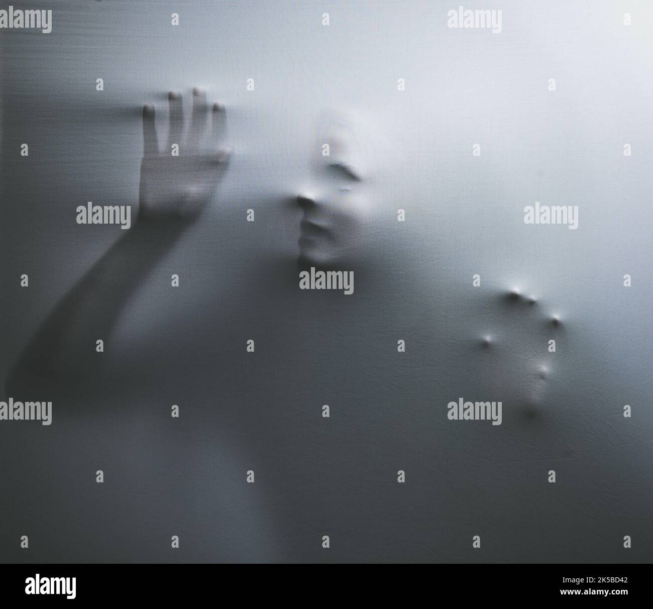 Horror, fabric and hands of a woman trapped in textile trying to escape ...