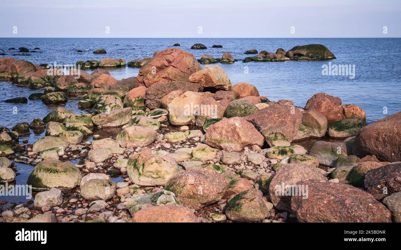 Baltic Sea coast on a summer morning. Landscape photo with shore water and round granite stones ...
