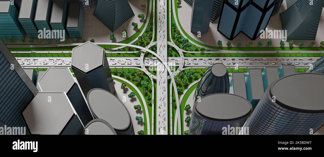 Highway intersection/ road interchange in the city with heavy traffic ...