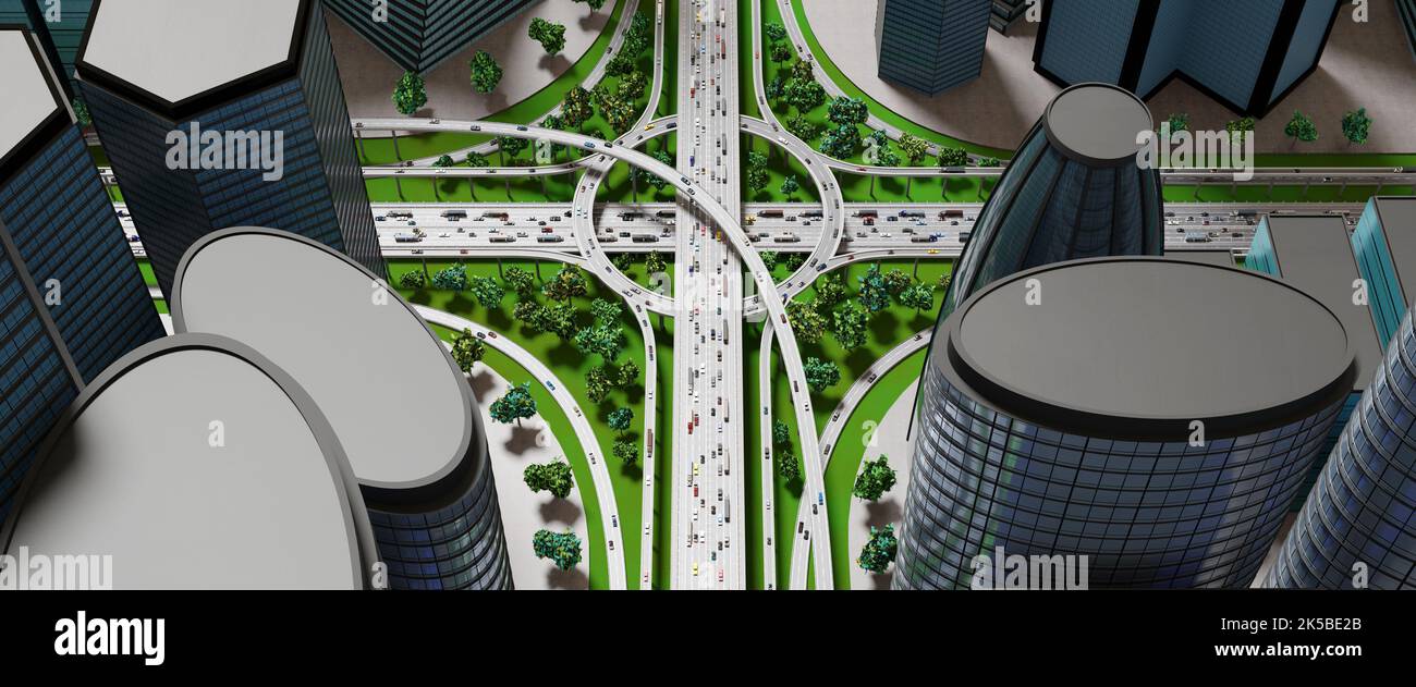 Highway intersection/ road interchange in the city with heavy traffic ...