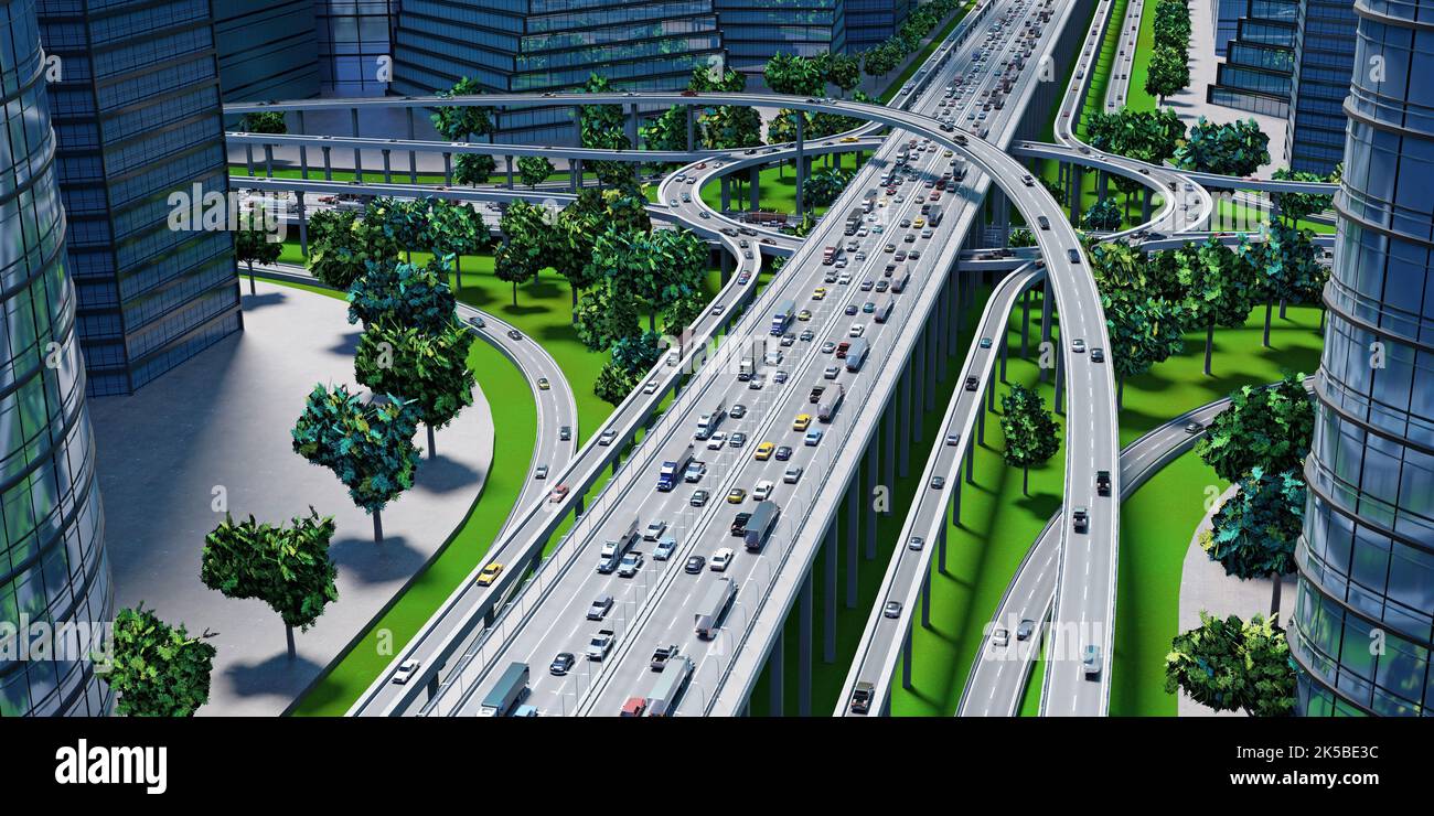 Highway intersection/ road interchange in the city with heavy traffic ...