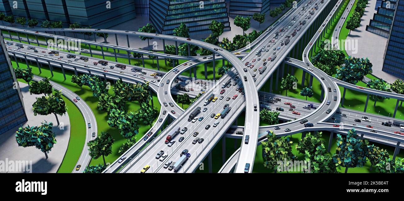 Highway intersection/ road interchange in the city with heavy traffic ...