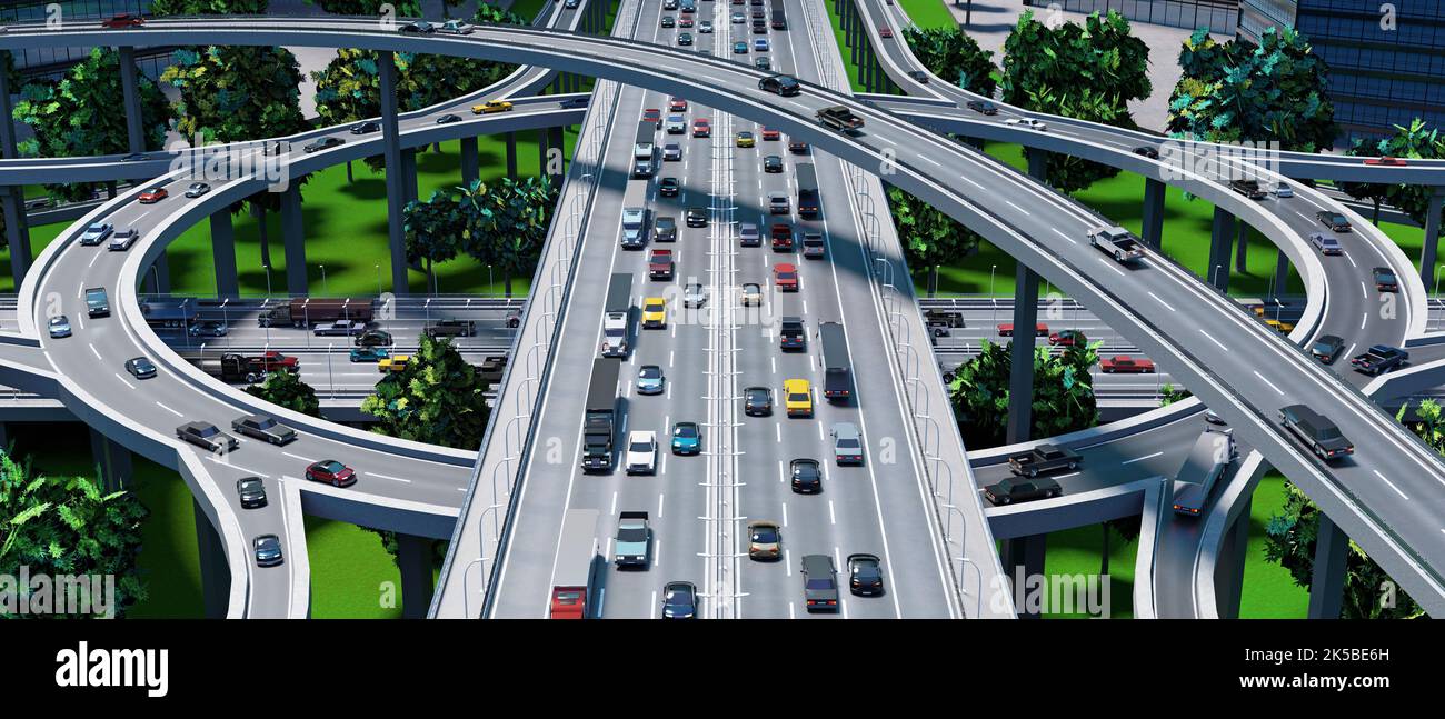 Highway intersection/ road interchange in the city with heavy traffic ...