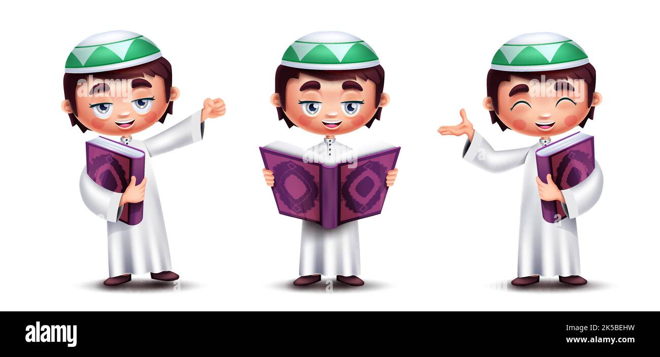 Arab kids characters vector set design. Saudi boy character reading and ...