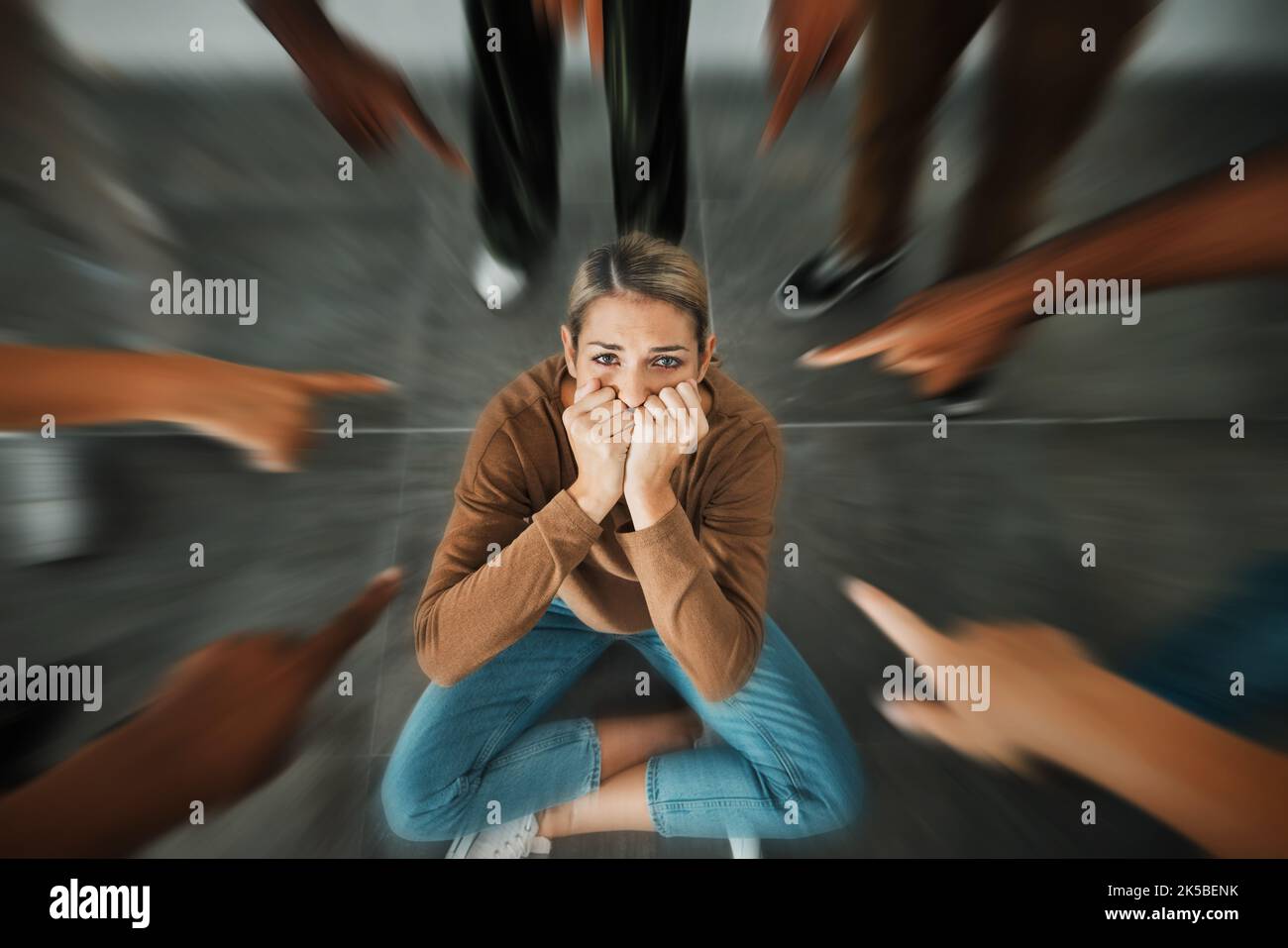 Fear, bullying and hands pointing at girl scared, sad and crying for ...