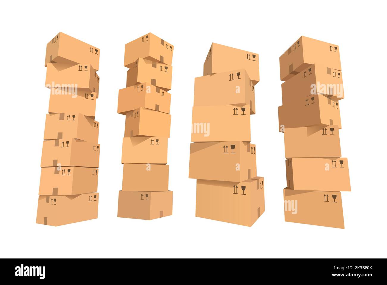 Cardboard boxes stacks. Stacked set of packages with symbols. Graphic ...