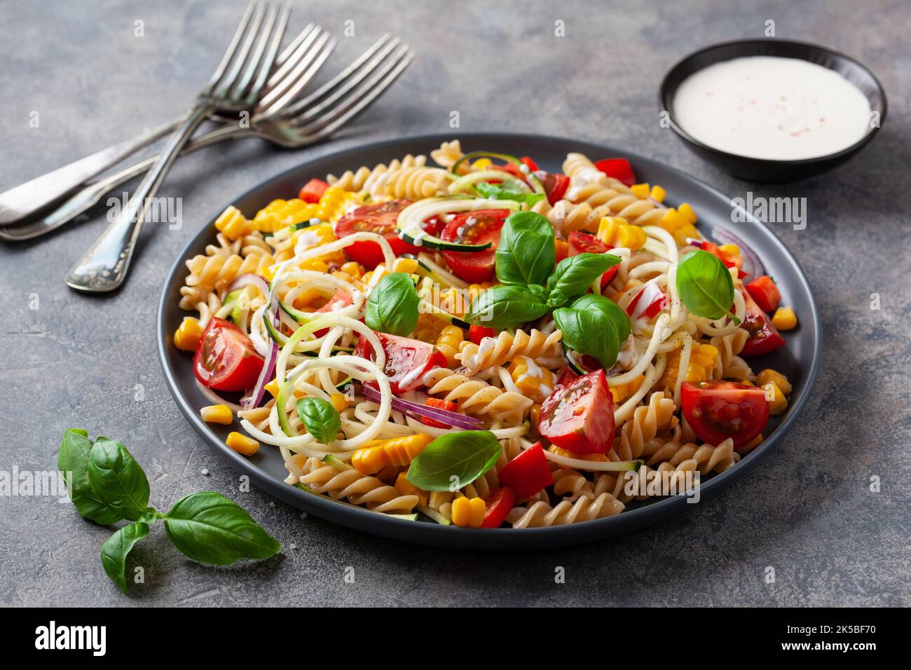 healthy pasta salad with zucchini sweet corn tomato and basil ...