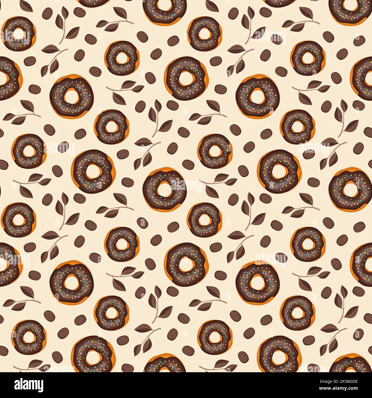 Seamless pattern from glazed donuts, coffee beans and leaves. Print ...
