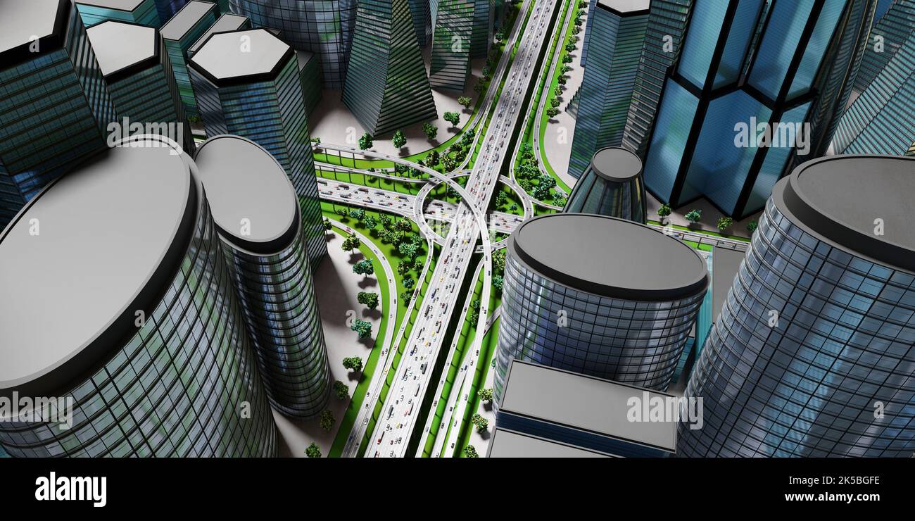 Highway intersection/ road interchange in the city with heavy traffic ...