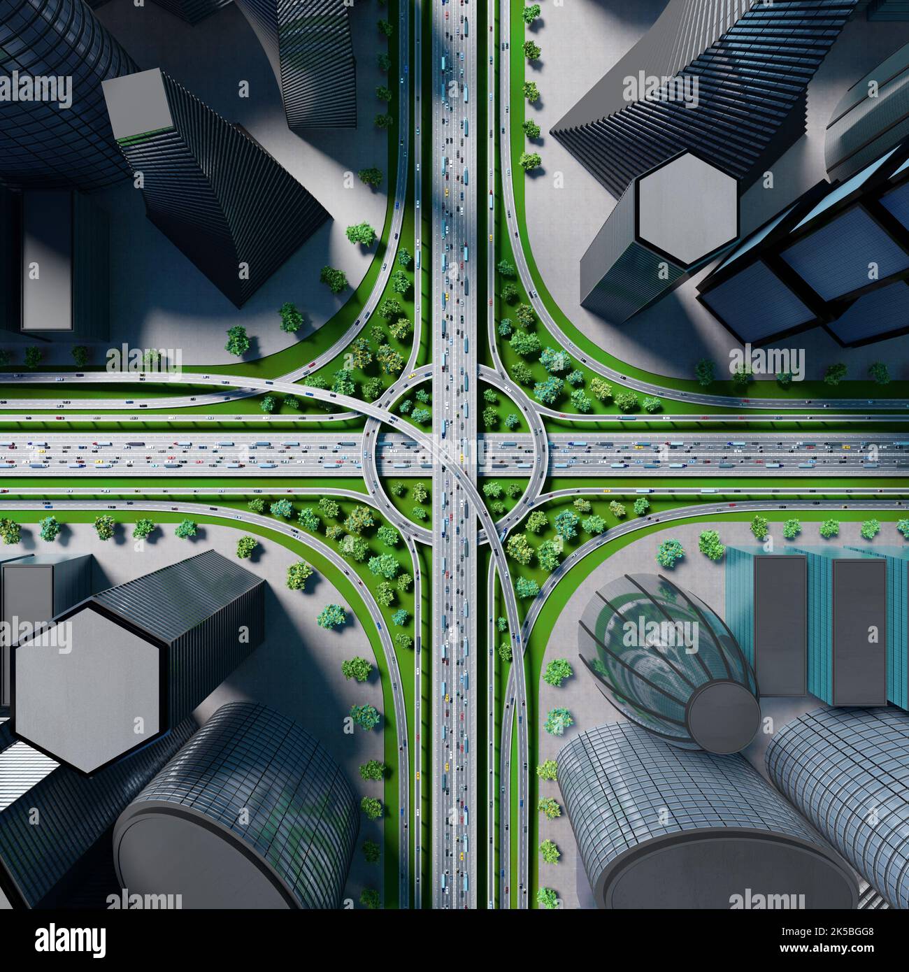 Highway intersection/ road interchange in the city with heavy traffic ...