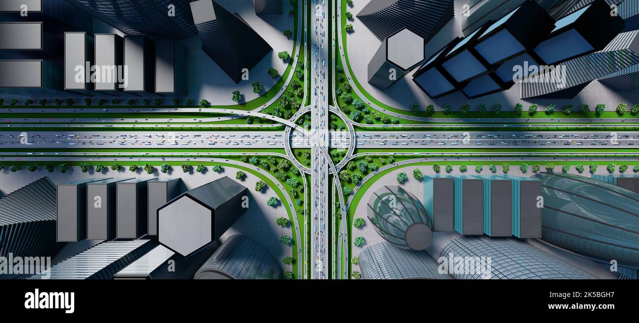 Highway intersection/ road interchange in the city with heavy traffic ...