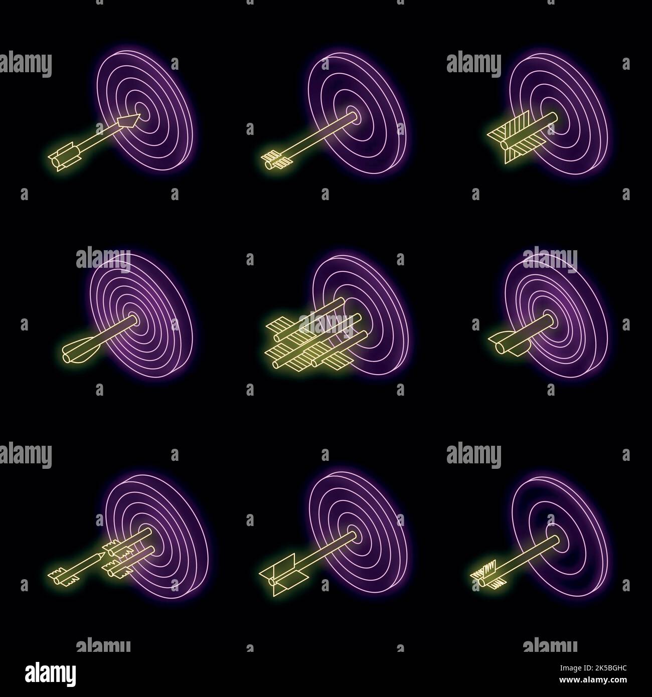 Target icon set. Isometric set of target vector icons neon on black ...