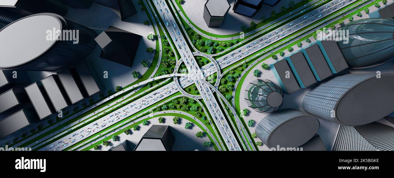 Highway intersection/ road interchange in the city with heavy traffic ...