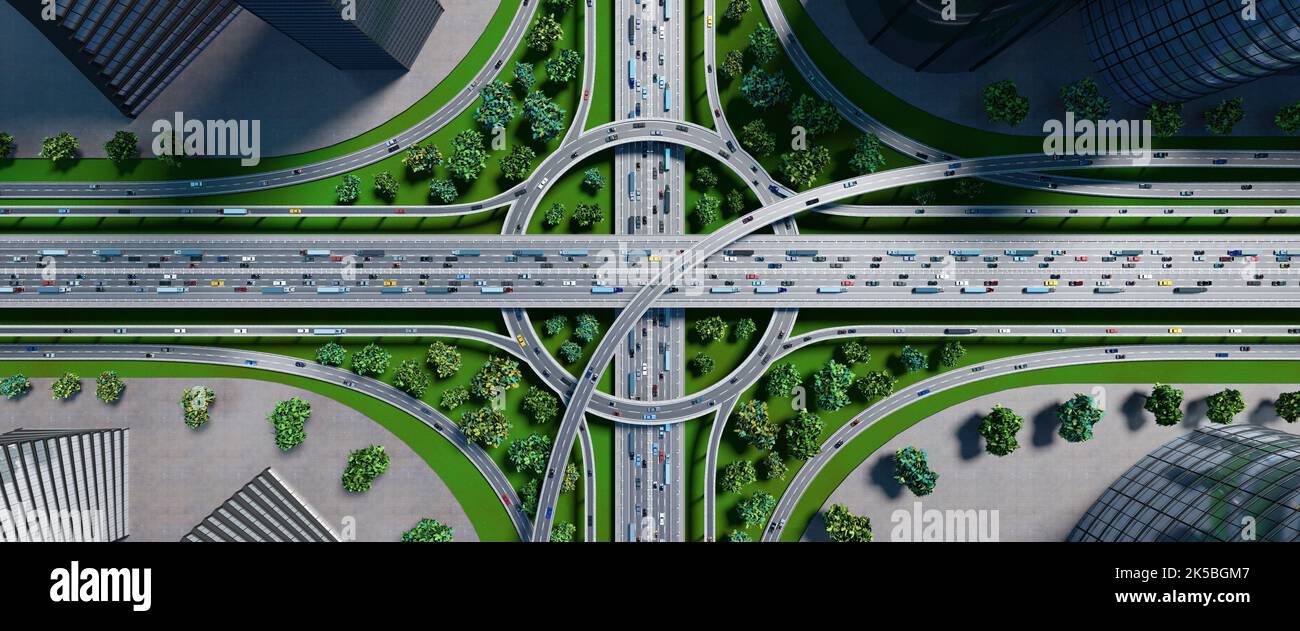 Highway intersection/ road interchange in the city with heavy traffic ...