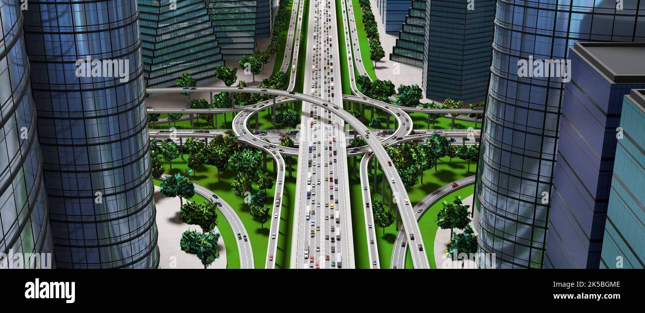 Highway intersection/ road interchange in the city with heavy traffic ...