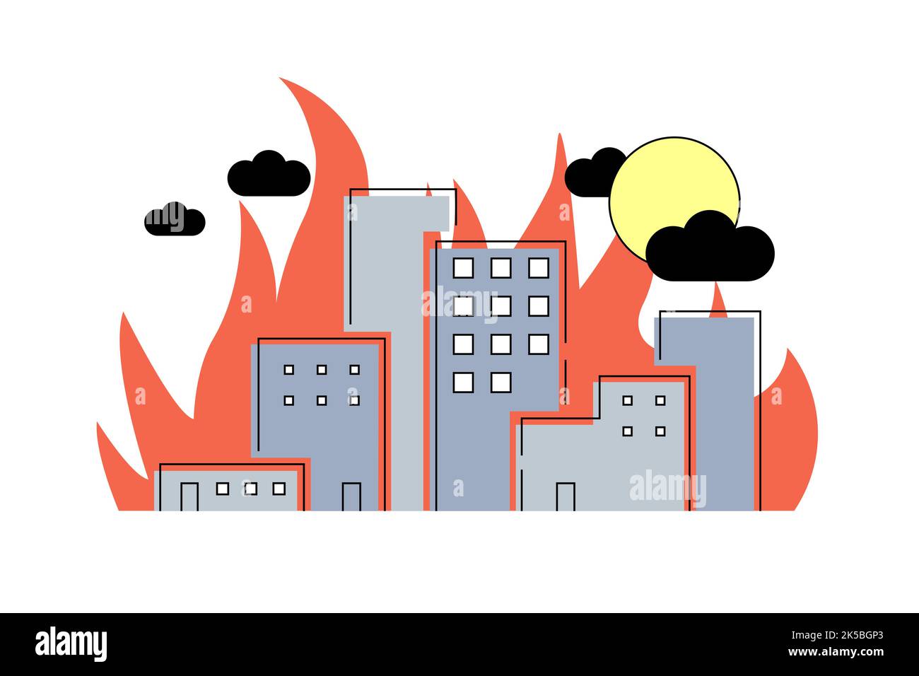 Concept of a fire in the city. Destruction due to the fall of the ...