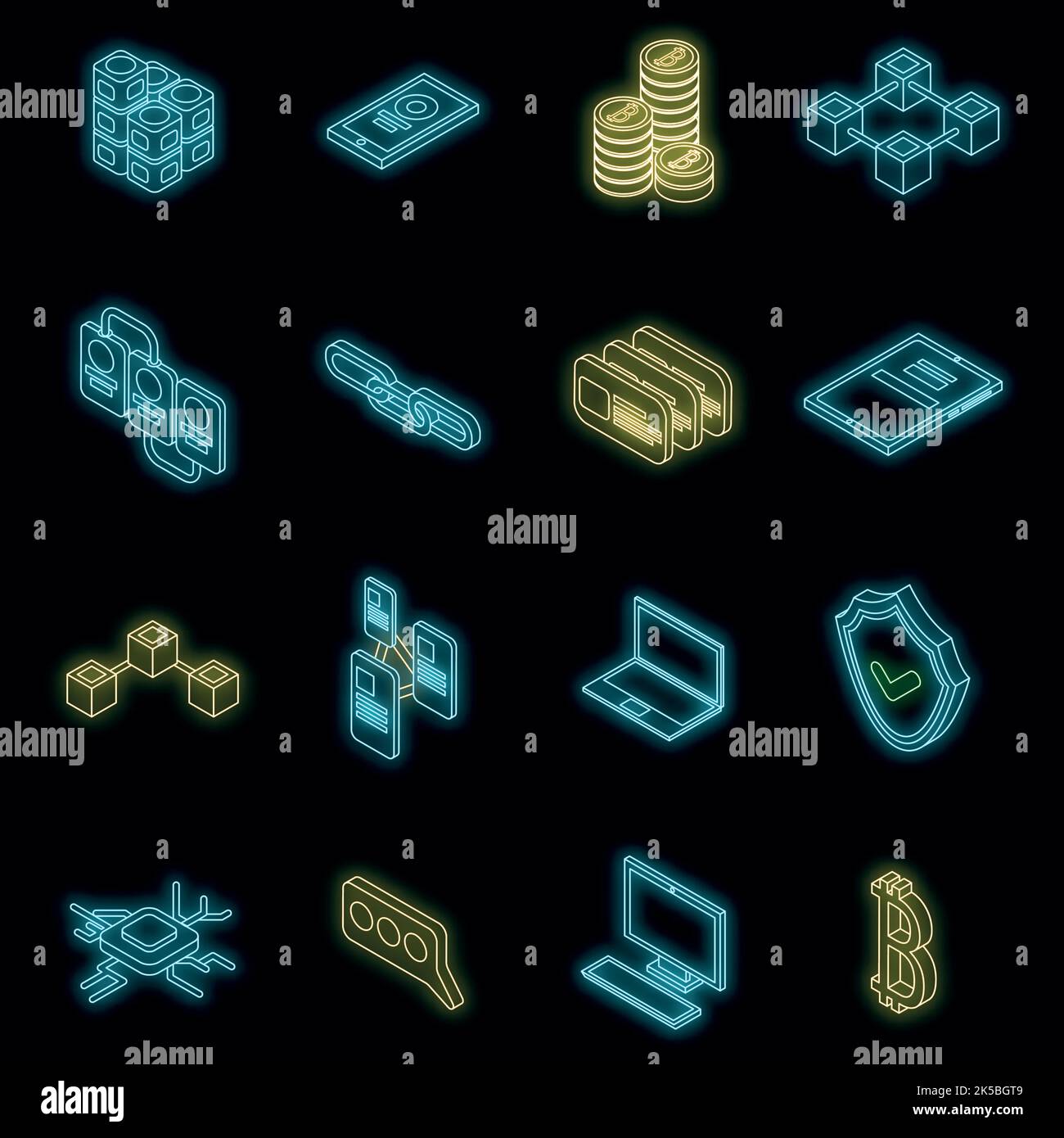 Blockchain icon set. Isometric set of blockchain vector icons neon on ...