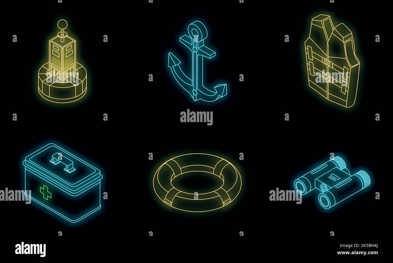 Sea safety icons set. Isometric set of sea safety vector icons neon on ...
