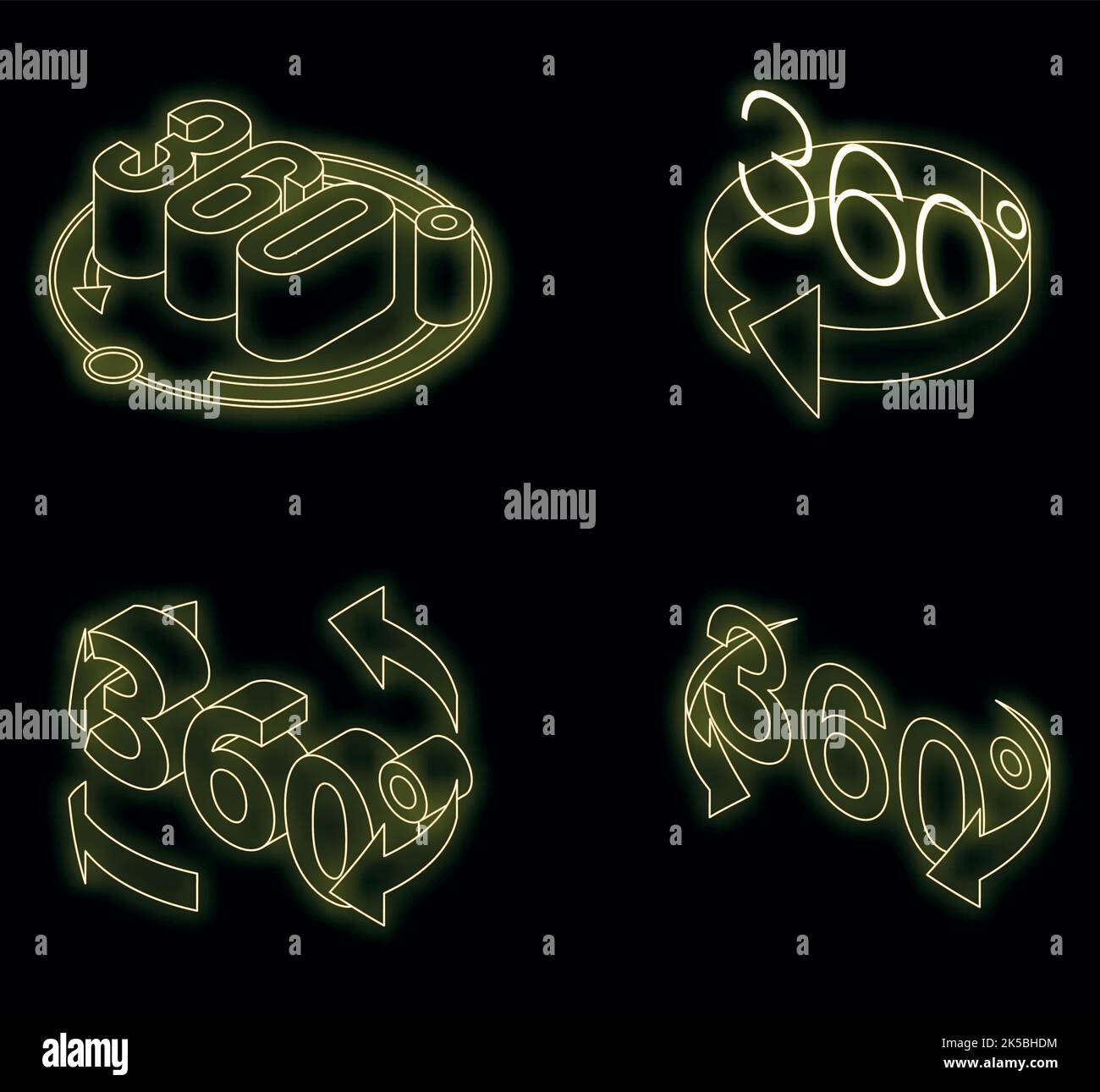 360 degrees icons set. Isometric set of 360 degrees vector icons neon ...