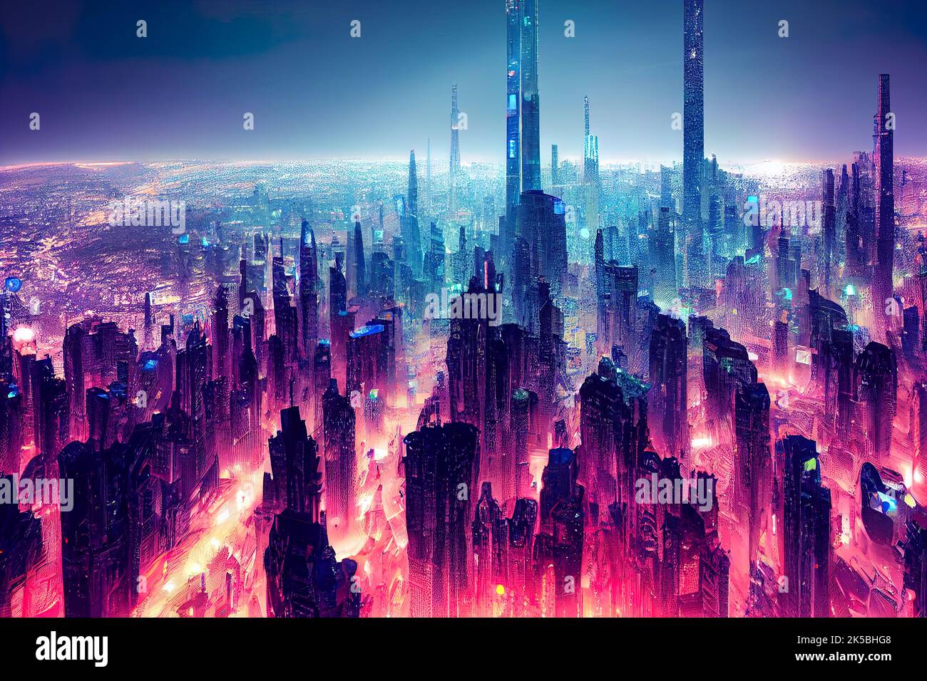 An illustration of modern cityscape with tall skyscrapers illuminated ...