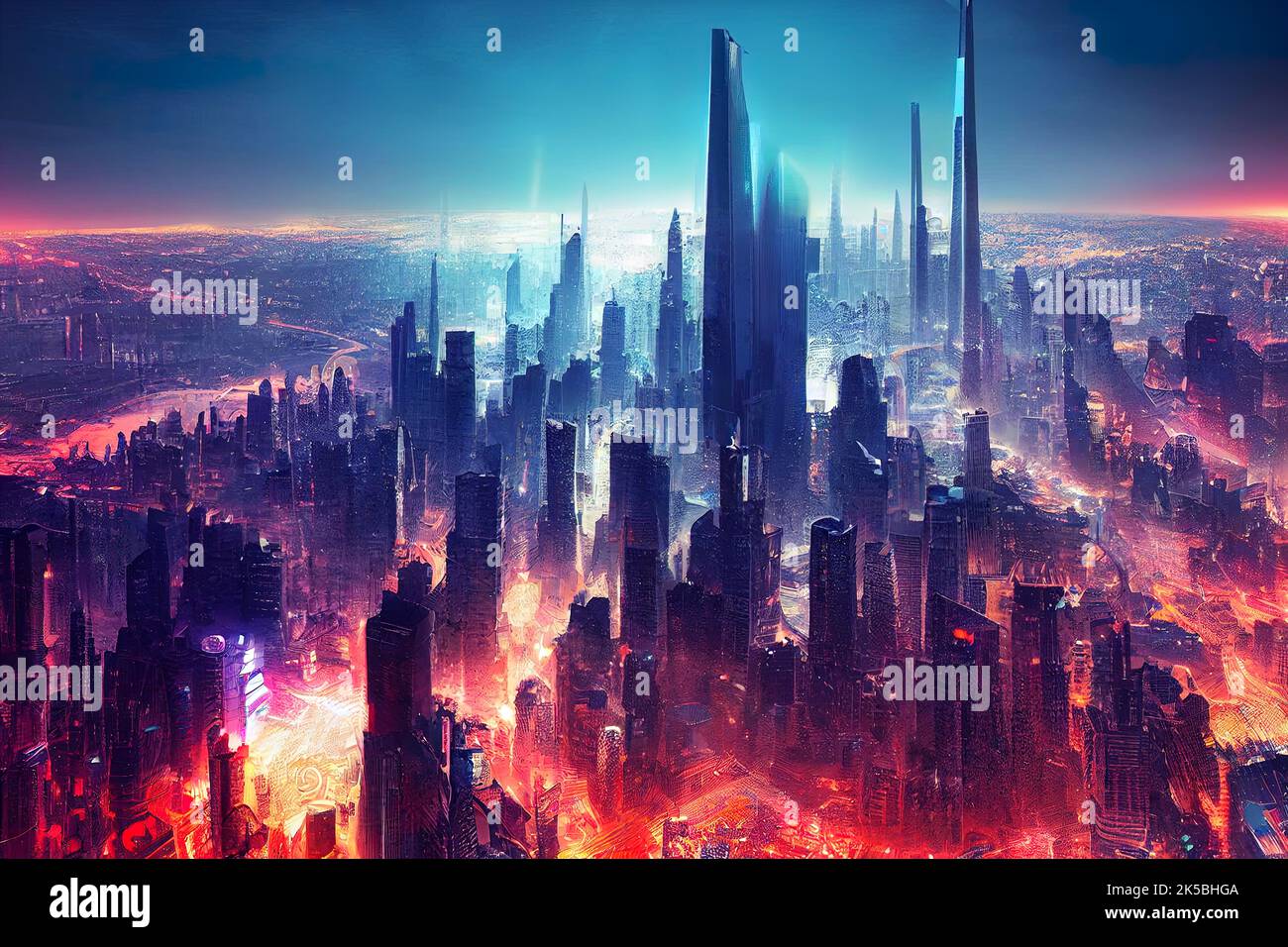 An illustration of modern cityscape with tall skyscrapers illuminated ...