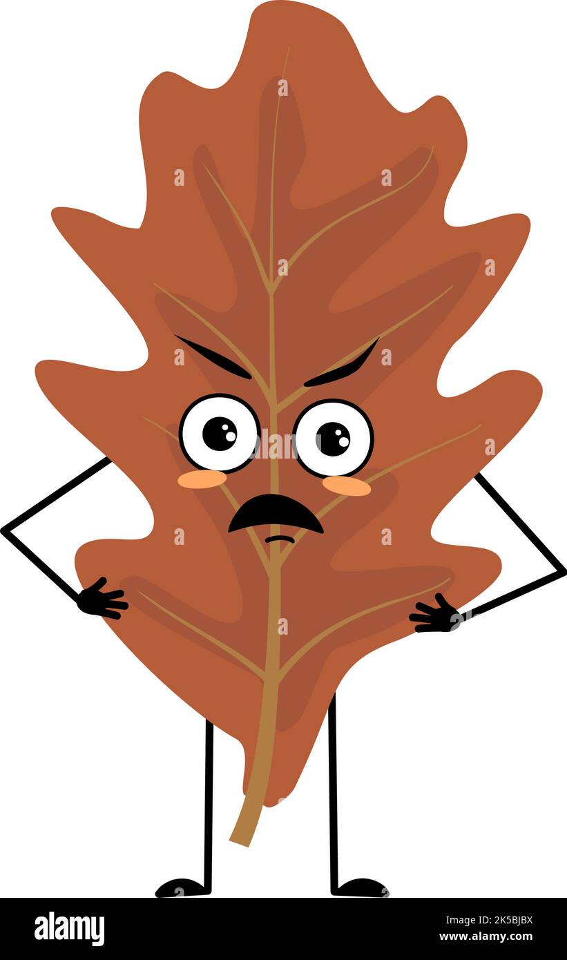 Oak leaf character with angry emotions, grumpy face, furious eyes, arms ...