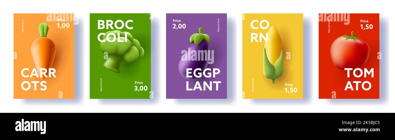 Vegetables posters set, 3d render illustrations of carrot eggplant corn ...