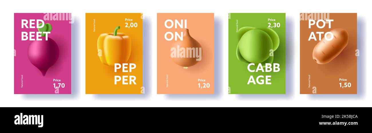 Vegetables posters set, 3d render illustrations of beet pepper onion ...