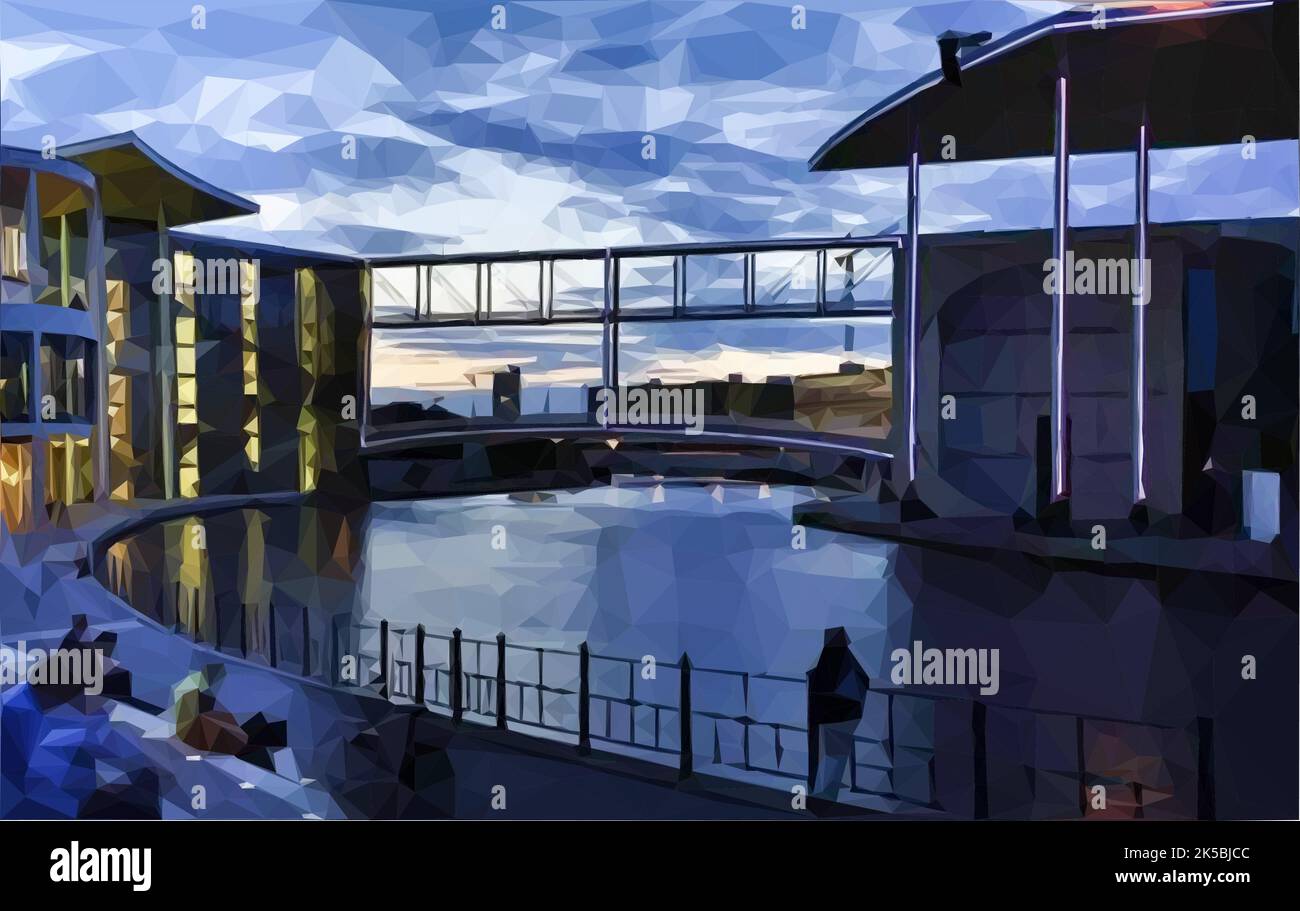 A group of people sitting on stairs by the Spree, Berlin in low poly ...
