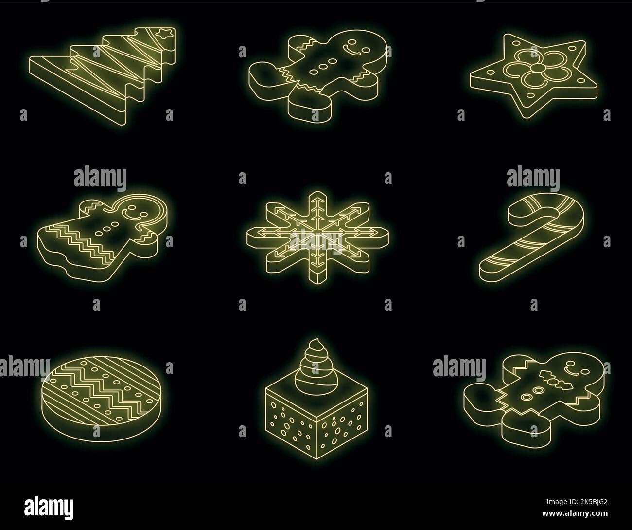 Gingerbread icons set. Isometric set of gingerbread vector icons neon ...