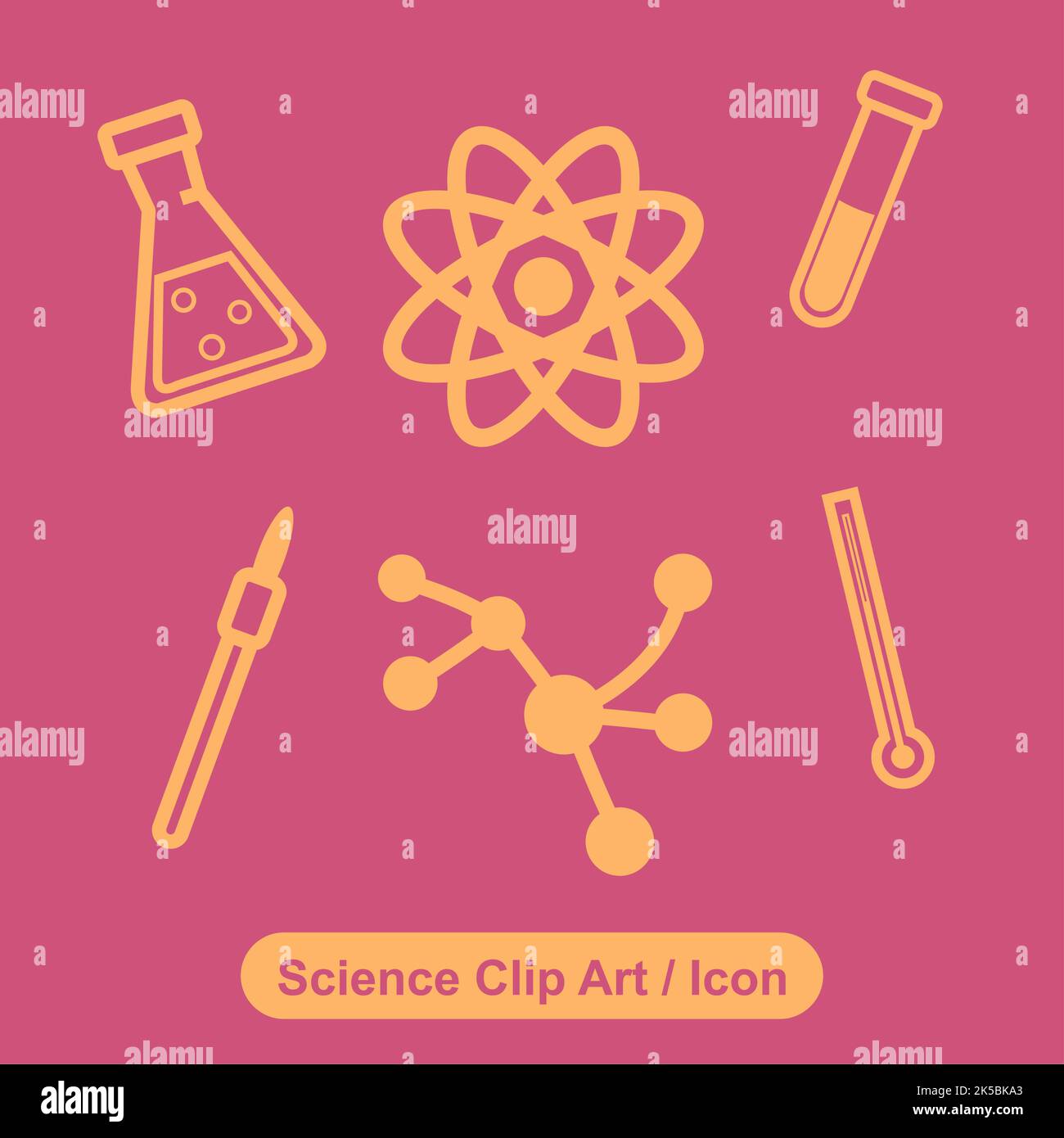 A simple line clip art of science supplies icons on a pink background ...
