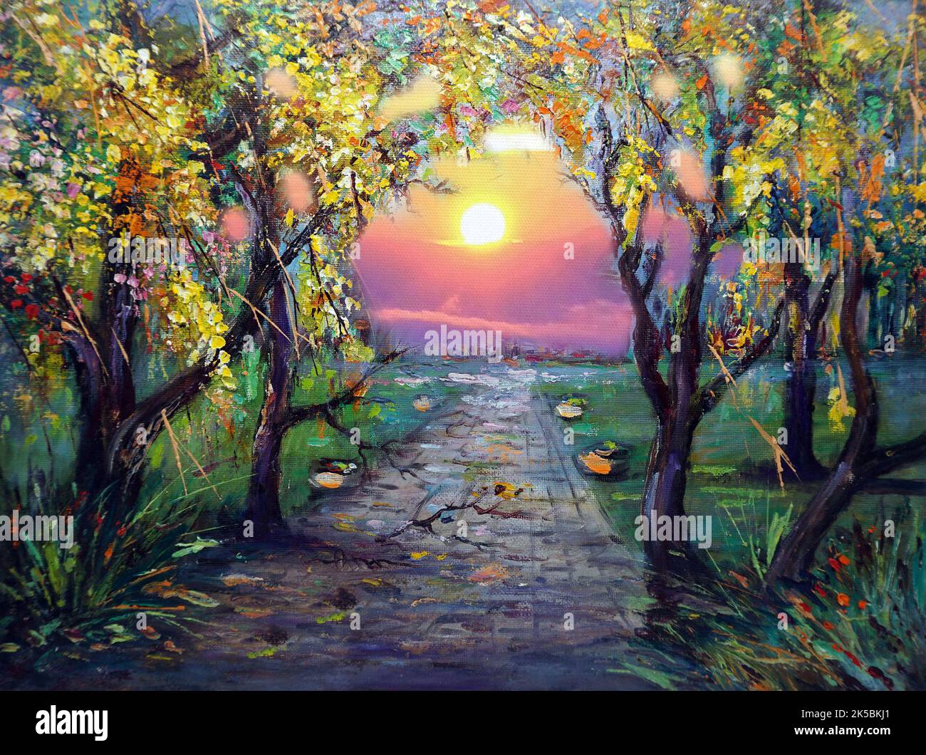 oil painting Pathway with trees and flowers , Multiply flowers Stock ...