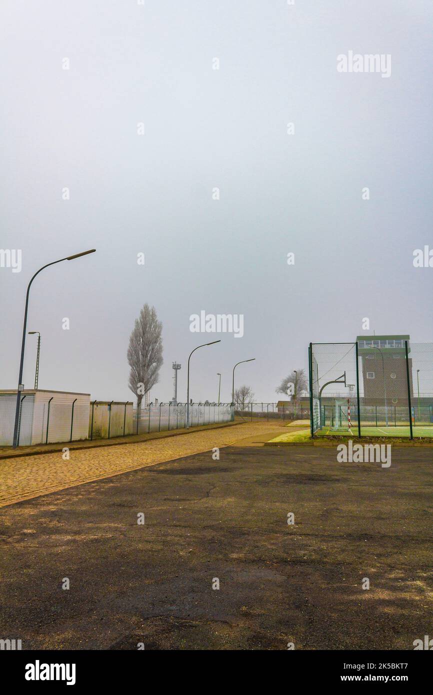 Gloomy cold winter landscape with frost and fog in Center of ...