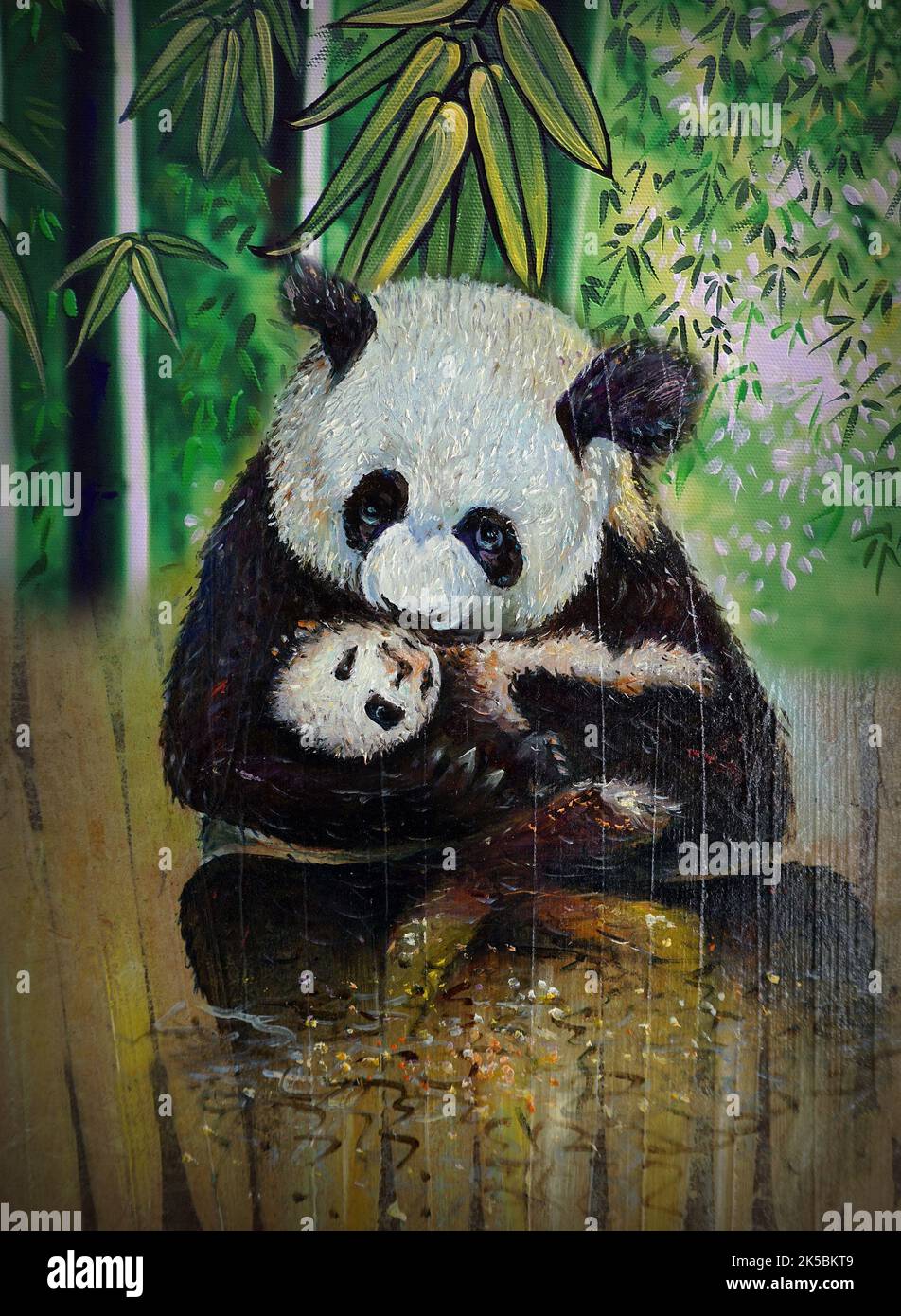 Art painting Fine art Oil color Panda bear in the bamboo forest Stock ...