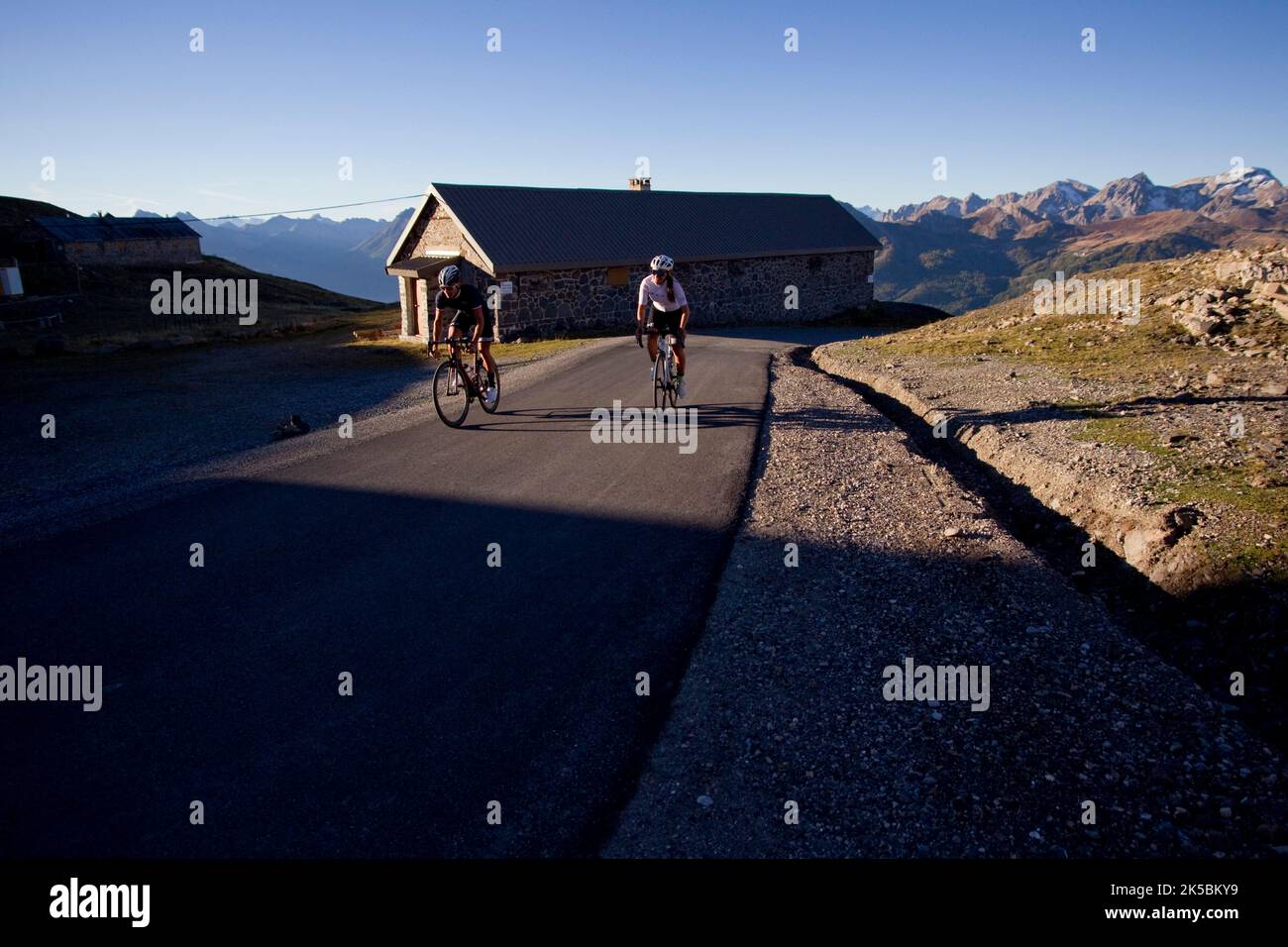 France, October 06, 2022. Two cyclists climb the mythical Col du Granon ...