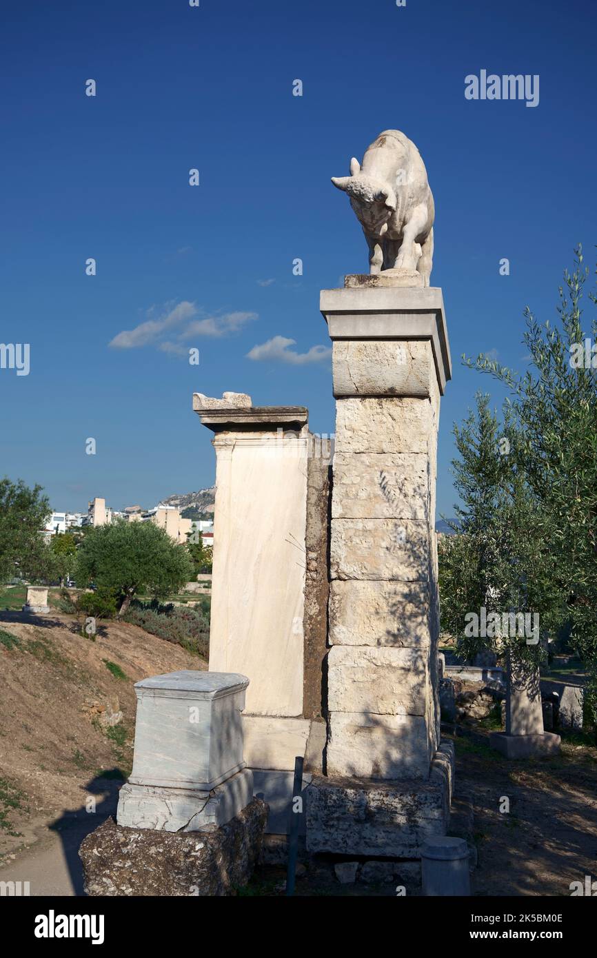 Statue of a bull at the Street of Tombs in Archaeological site of ...